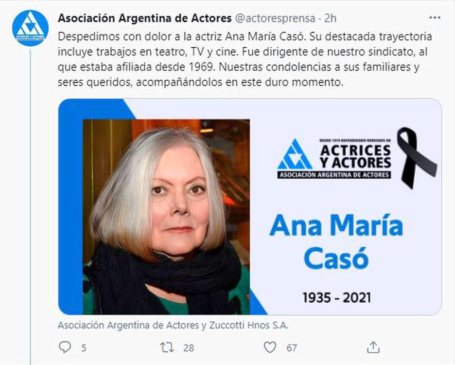 Murió la actriz Ana María Casó a los 85 años